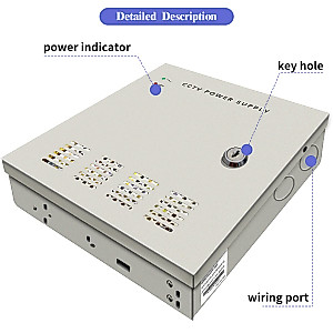 18 Channel 20 Amp Power Supply Box for Security Camera 12V DC AC Plug and Lock for DVRs, IP Cameras, CCTV Camera
