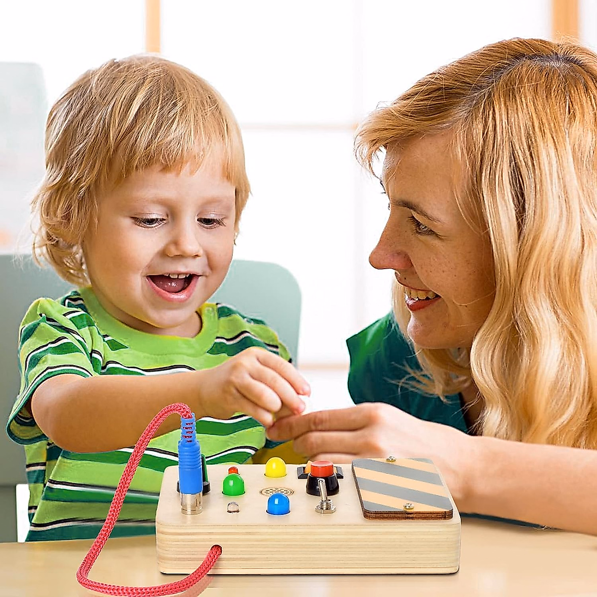 POLKRANE Toddler Montessori Travel Toys - Wooden Busy Board with LED Light,Switch Toy for Baby Sensory Play, Educational & Learning Toys for Kids (1+), Perfect Travel Toy,Gifts for 1-3 Year Old Kids