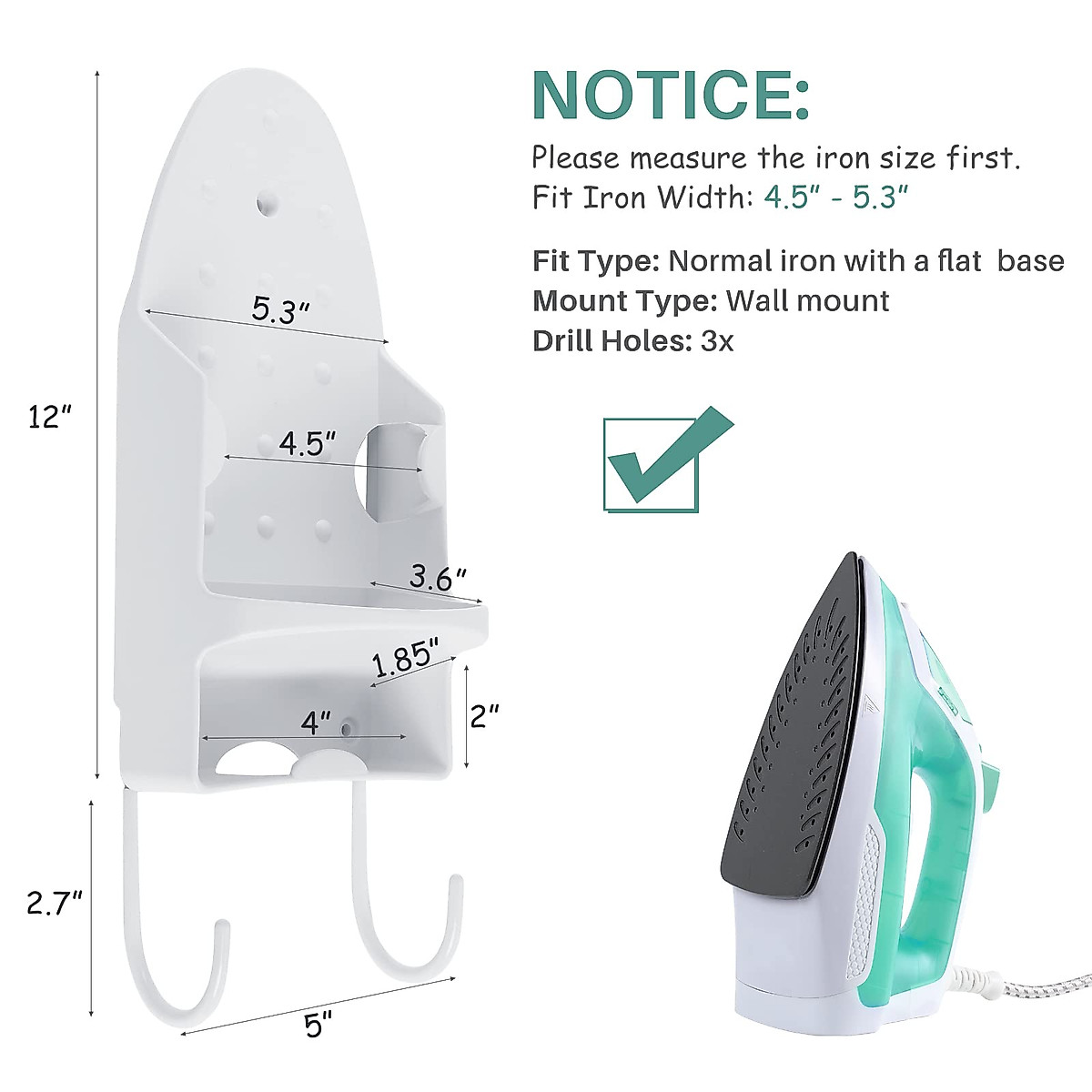 Ironing Board Hanger Wall Mount, Iron Hanger with Ironing Board Rack, Heat Resistant Iron Holder Wall Mount for Max 5 Inch Width (White)