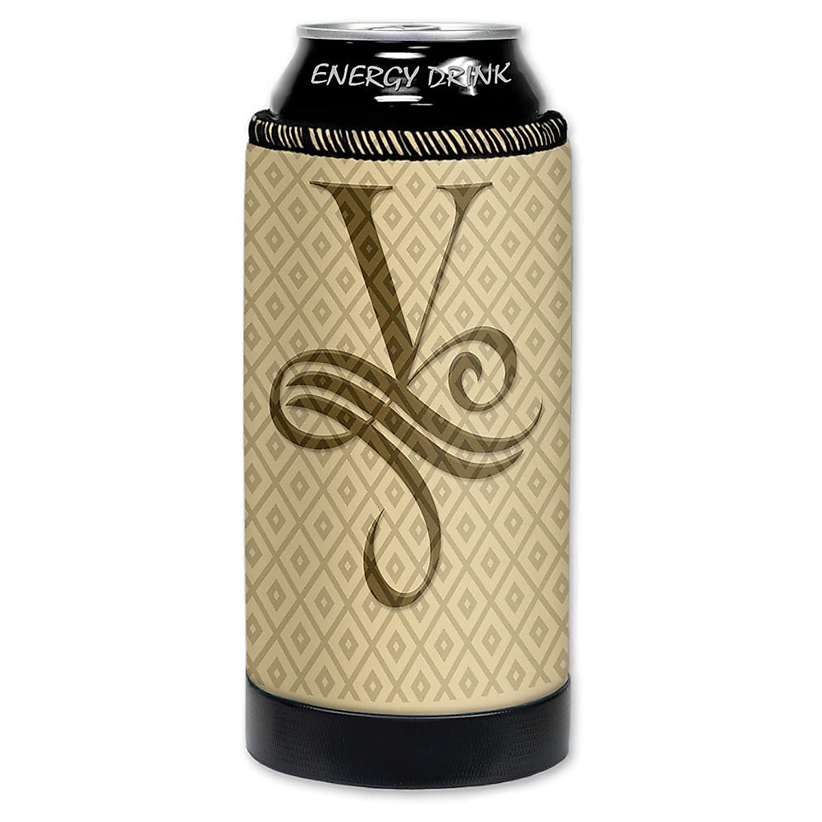 Mugzie Deluxe Can Cooler (Made in USA) - Premium Neoprene Wetsuit Material Beverage Can or Bottle Insulator for 16 OZ Soda Energy Drink Beer Cans - Letter "V" Monogram