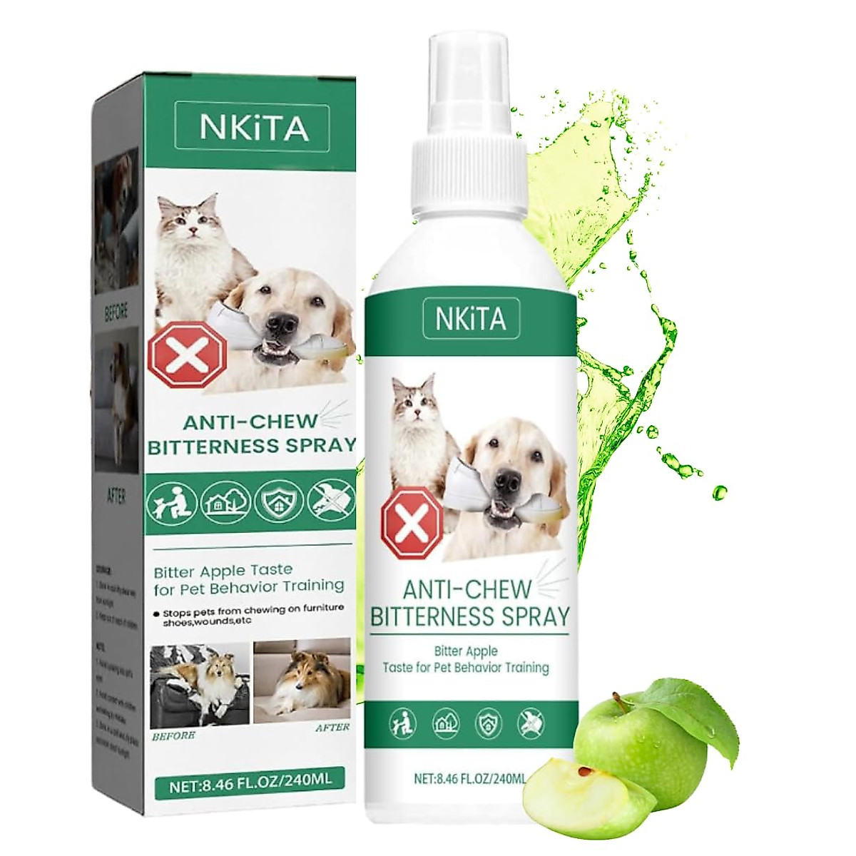 No Chew Spray for Dogs and Cats - 8 Fl Oz - Bitter Apple Spray to Keep Dogs from Chewing Things and Licking Paws - 2 in 1 Alcohol-Free Dog Training & Behavior Aids for Hot Spot and Furniture