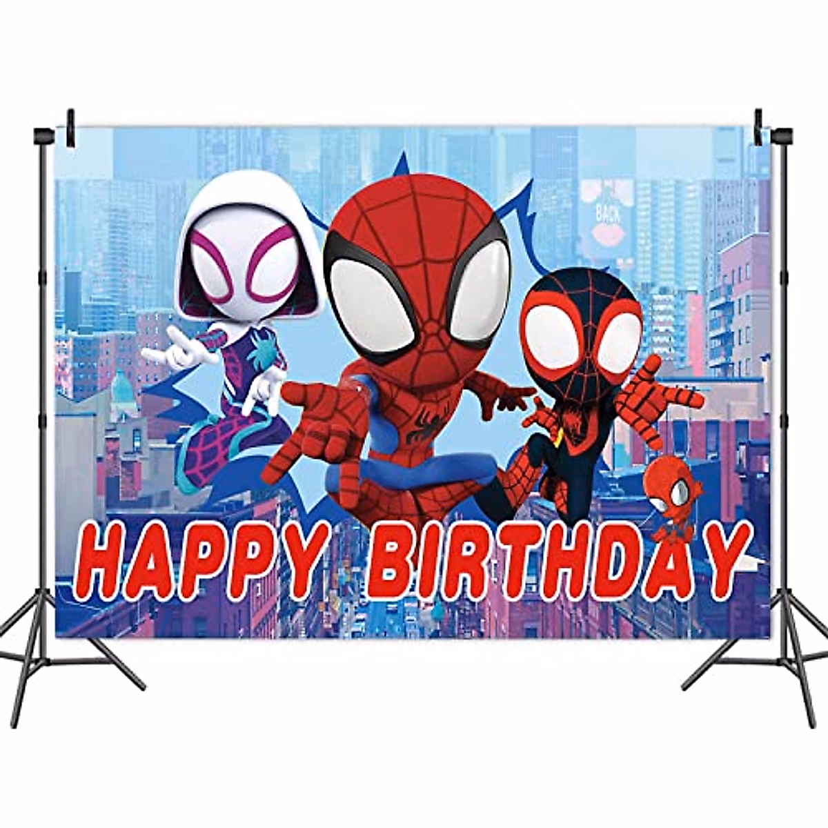 Happy Birthday Theme Red Spider Man Photography Backdrop Cartoon Comics Style Building Scenes Photo Background 5x3ft Children Boys Birthday Party Banner Decors Supplies
