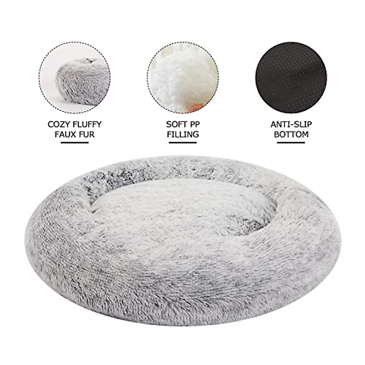 Bedfolks Calming Donut Dog Bed, 36 Inches Round Fluffy Dog Beds for Large Dogs, Anti-Anxiety Plush Dog Bed, Machine Washable Pet Bed (Dark Grey, Large)