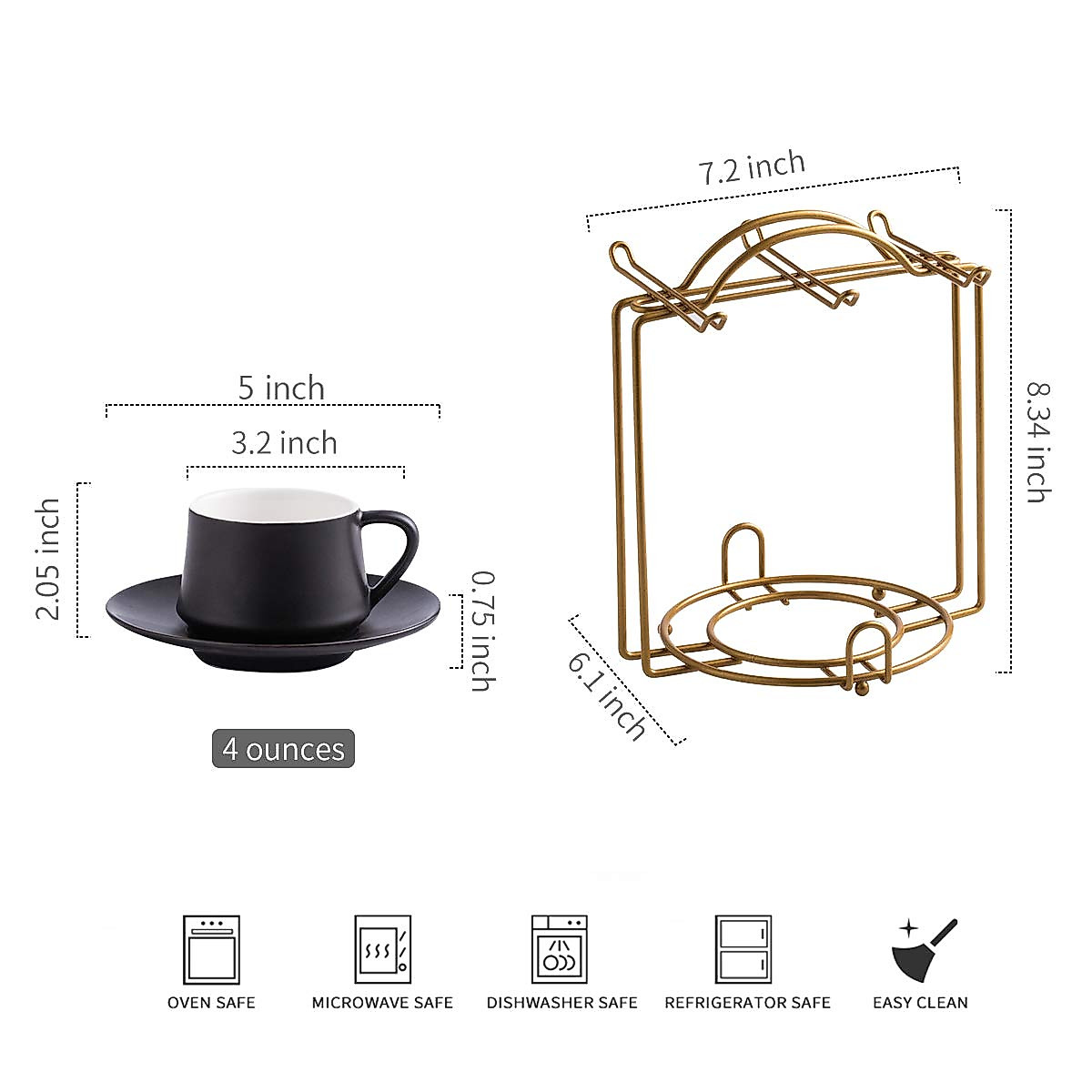 YHOSSEUN Espresso Cups with Saucers Set with Cup Holder 4 oz Cappuccino Cups Set of 6 Porcelain Espresso Cups Set and Metal Stand 3 OZ Demitasse Cup