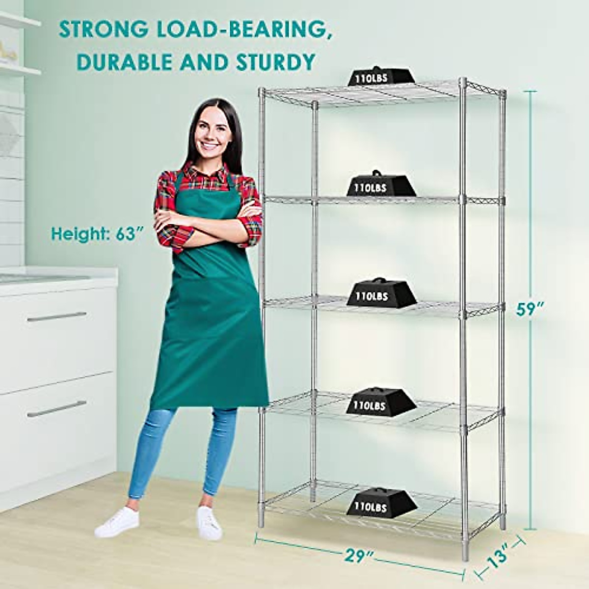 Doredo 5 Tier Wire Shelving Unit, Height Adjustable Wire Shelves, Metal Wire Rack Shelving for Laundry, Kitchen, Bathroom, Pantry, Closet (13.5" D x 29" W x 59" H, Silver)