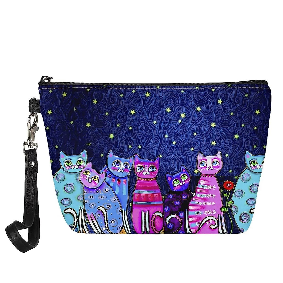 Poceacles Colorful Cats Print Small Makeup Bag for Purse for Women Cute Cosmetic Bag Large Capacity PU Leather Makeup Bags Travel Toiletry Bag Organizer Pouch with Wrist Strap