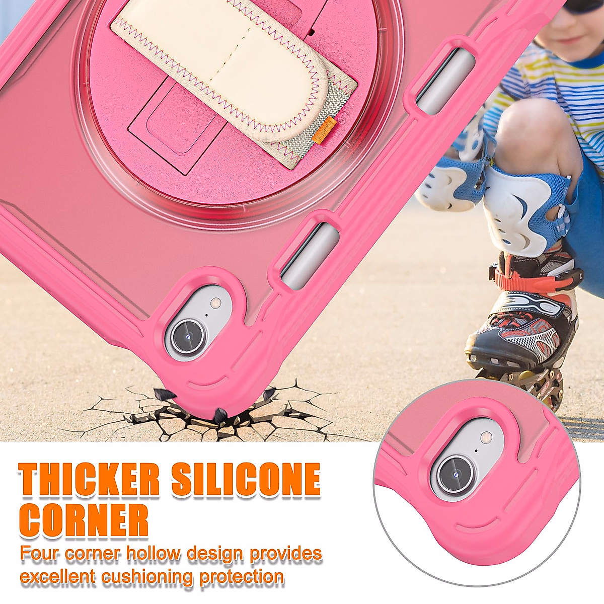 Batianda Case for iPad Mini 6 8.3 Inch 2021 with Pencil Holder Heavy Duty Rugged Shockproof Tablet Cover with 360° Rotating Hand Strap Foldable Hidden Stand & Shoulder Strap, Pink