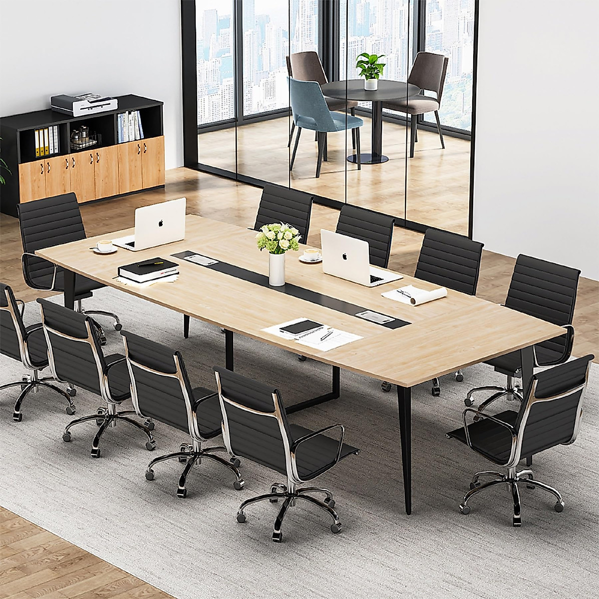 Tribesigns 8FT Conference Table, 94.48L x 47.24W x 29.52H Inches Large Boat Shaped Meeting Seminar Table with Cable Grommets, Modern Conference Room Table for Office (Light Wood Grain, 8ft)