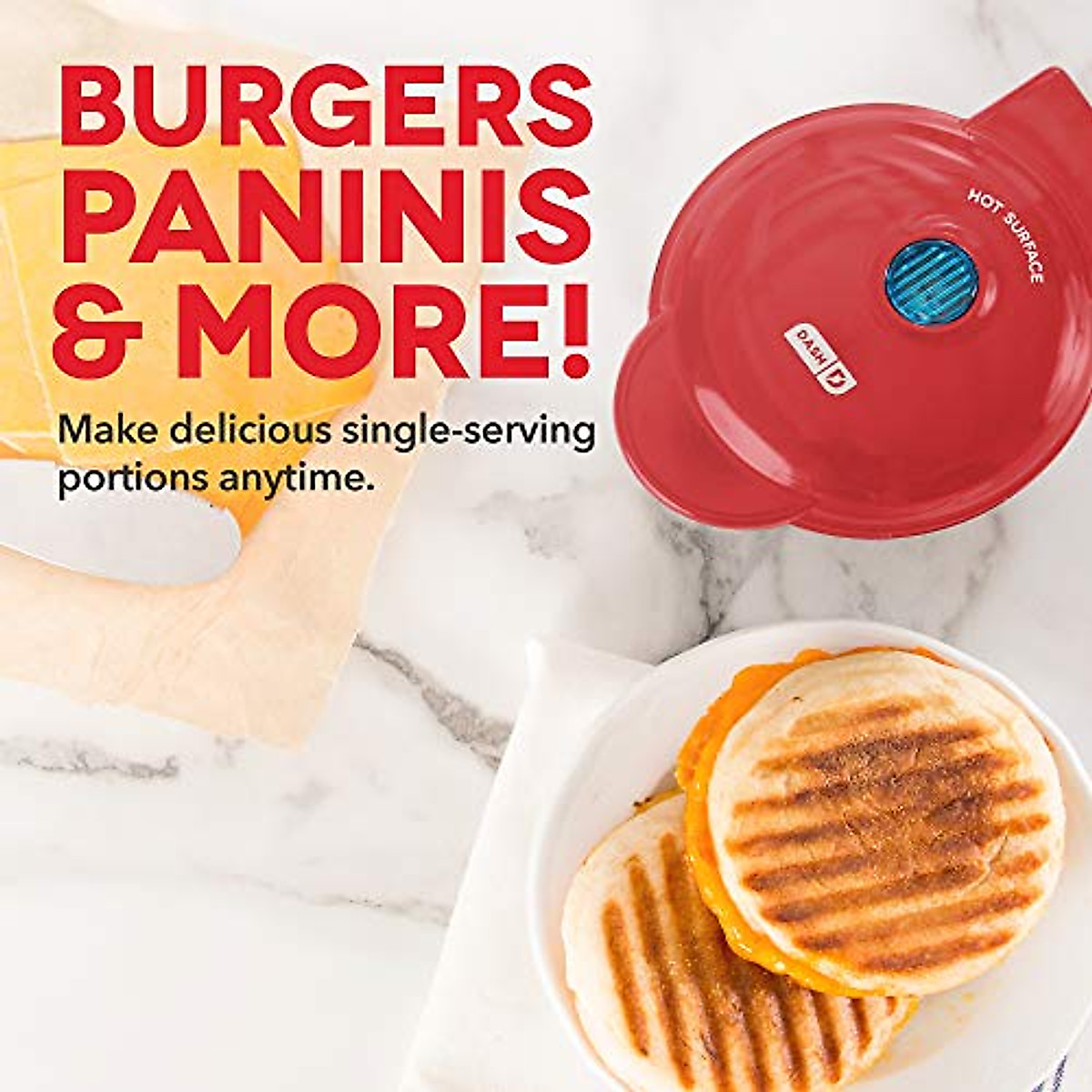Dash DMS001RD Mini Maker Electric Round Griddle + Included Recipe Book, Red & Mini Maker Portable Grill Machine + Panini Press with Recipe Guide - Red