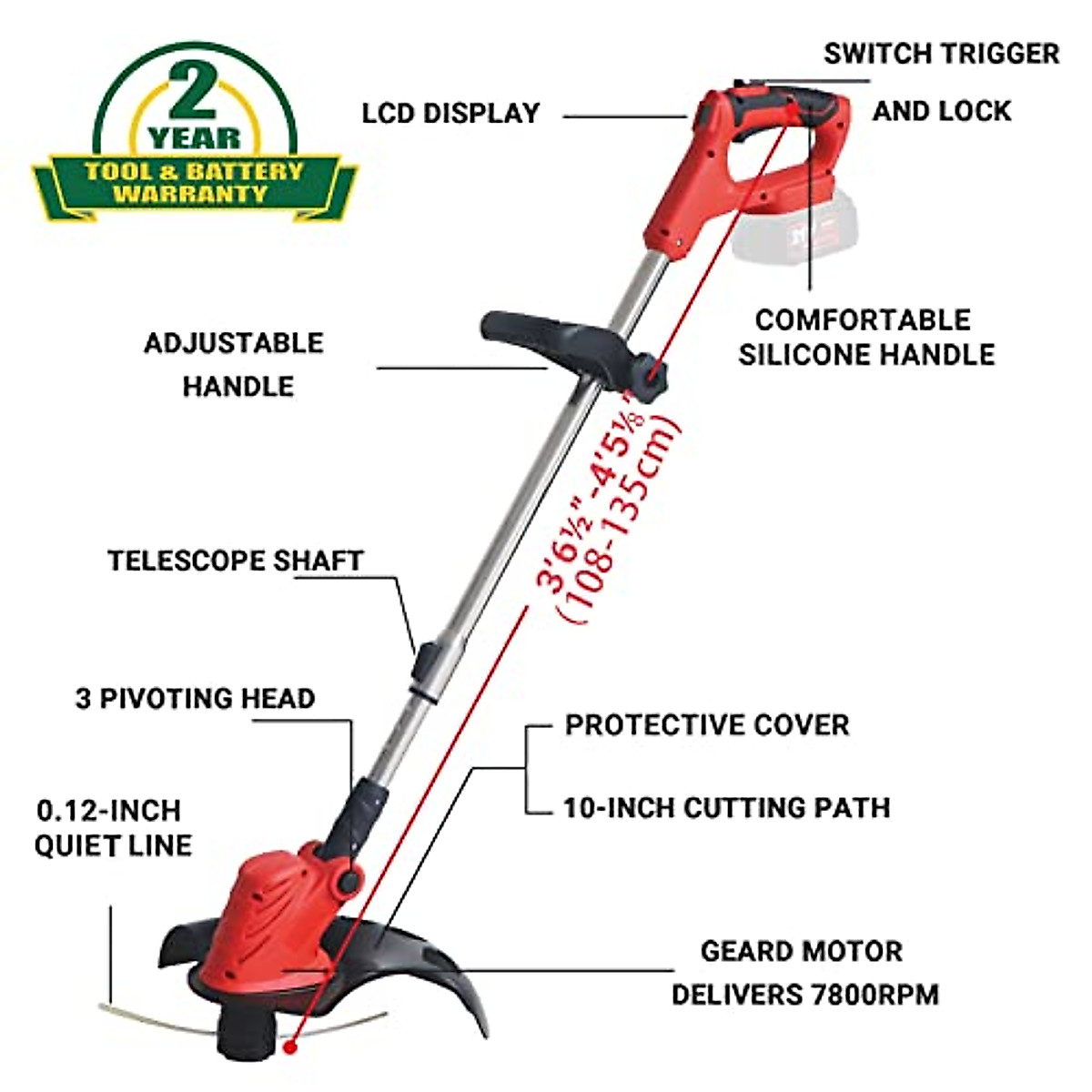 Cordless String Trimmer & Edger, T TOVIA 10 Inch Electric Weed Eater with LCD Power Display, Handle and Height Adjustable Grass Trimmer for Garden Yard, 21V 2.0Ah Battery and Charger Included
