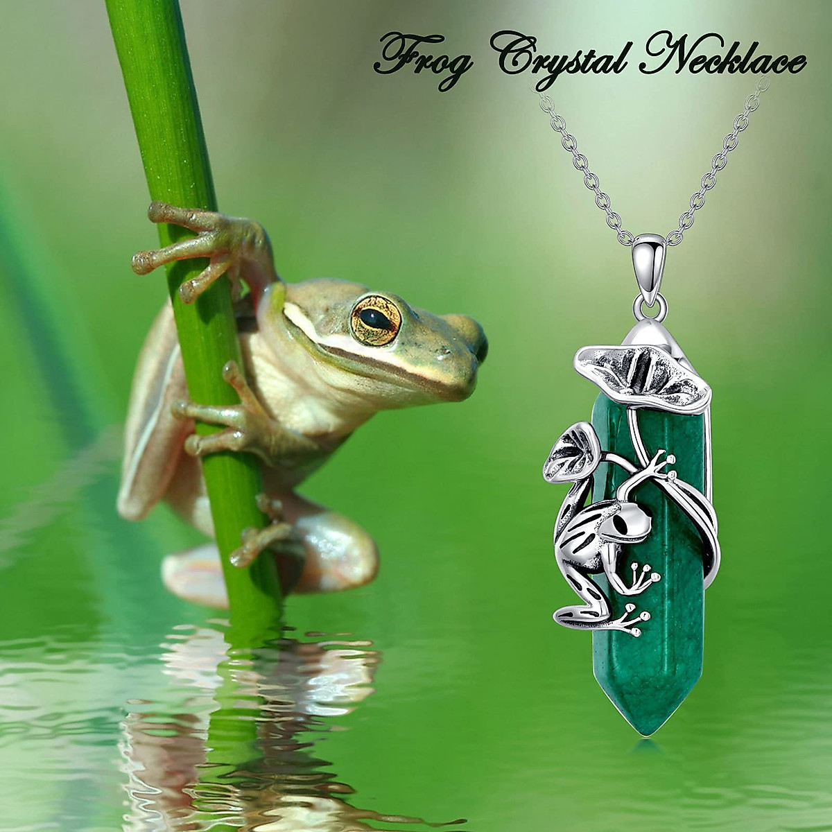 Plesitep Frog Necklace 925 Sterling Silver Reiki Healing Crystal Hexagonal Green Quartz Frog Pendant Necklace for Women May Birthstone Jewelry