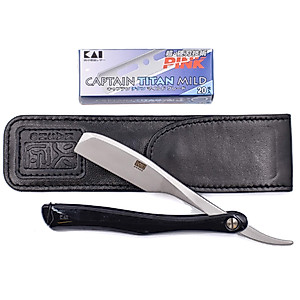 Kai Kasho Captain Japanese Professional Folding Straight Edge Barbering Razor with Leather Case - 20 Kai Captain Titan Blades Included - Also Compatible with Feather Artist Club Blades