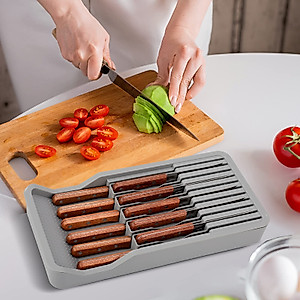 AWZITUO In Drawer Knife Organizer, 2 Tier Kitchen Knife Drawer Holder Insert with Expandable Storage Tray Holds 11 Knives, Drawer Knife Organizer for Kitchen Saves Space (Gray)
