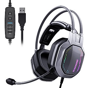 Shuomeng USB Pro Gaming Headset for PC - Computer Headphones with Microphone/Mic, SM-H2Pro 7.1 Surround Sound Wired Headset with LED RGB Light - Gaming Headphones for PS4/PS5,Console Laptop