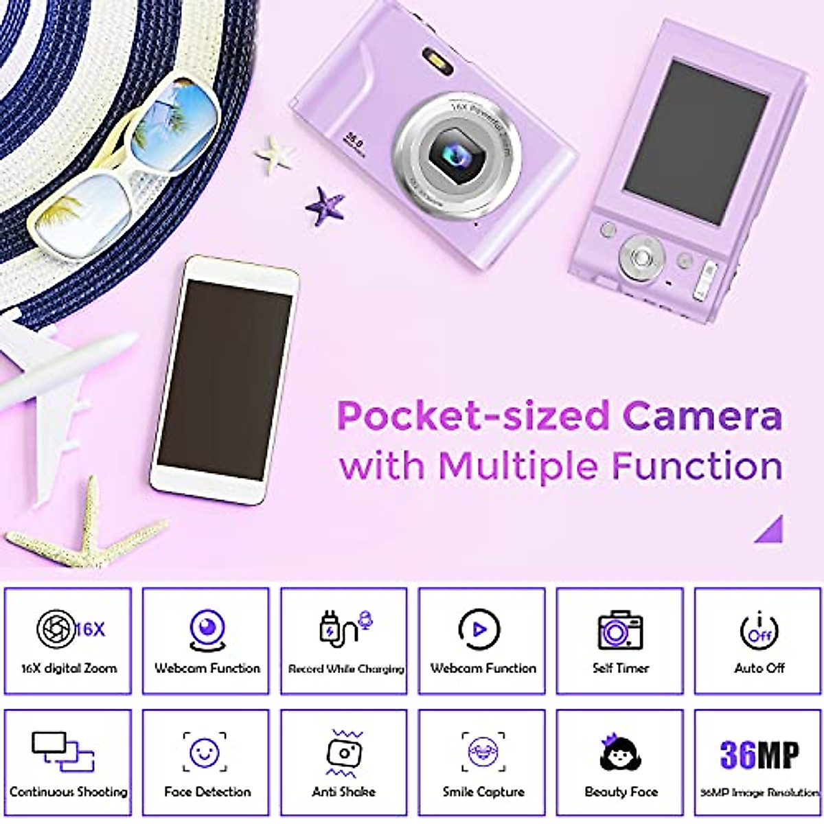 TOBERTO Digital Camera, 1080P HD Vlogging LCD Mini Camera with 16X Zoom 36MP Digital Point and Shoot Camera Video Camera, for Kids Students Beginners Beauty Face