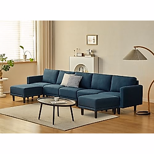 Cpintltr U Shaped Sectional Sofa Modern Convertible Modular Couch with Reversible Chaise Upholstered Linen 5-Seat Sofa Furniture Set with Ottomans for Living Room (Navy Blue,5+2)