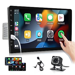 Single Din Car Stereo Support Carplay & Android Auto 9'' Touch Screen Car Audio EQ Multimedia Player Built-in Mirror Link USB Bluetooth Handsfree Call with FM/AM Radio Receiver Rear View Camera SWC