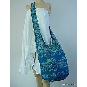 BTP! Elephant Floral Print Sling Crossbody Shoulder Bag Purse Hippie Hobo Thai Cotton Gypsy Bohemian Large (Light Blue EEL3)