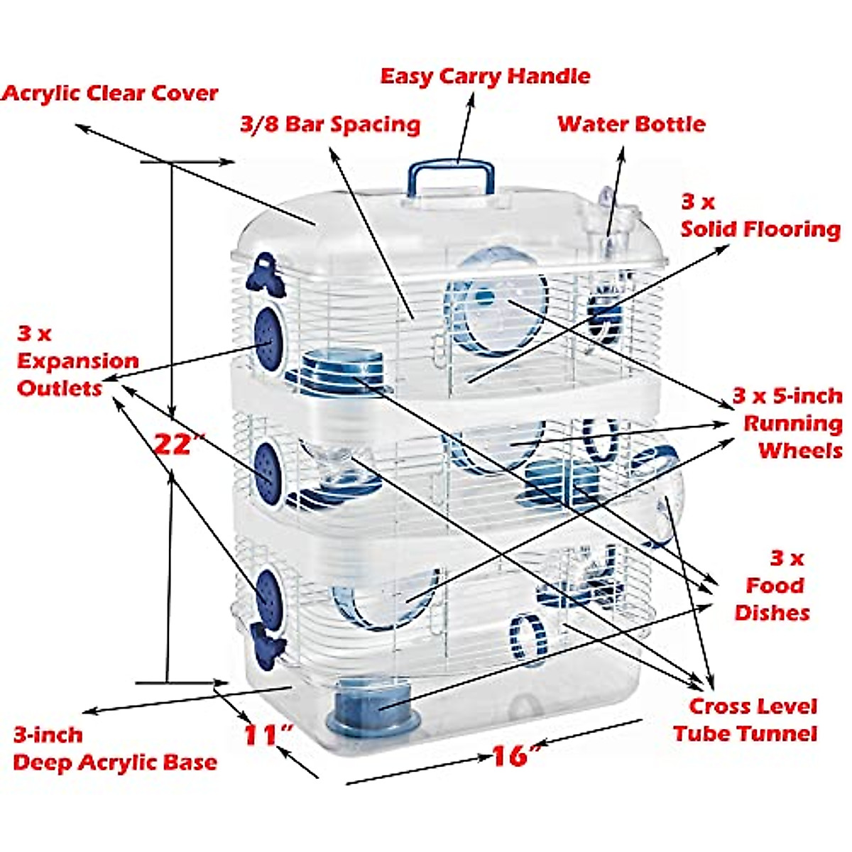 New Sparkle Clear 3 Solid Floor Levels Habitat Syrian Hamster Rodent Gerbil Mouse Mice Cage Transparent (Blue)