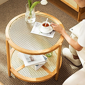 CUPKEE Bamboo Round Side Table, Glass End Tables, Double Layer Large Capacity Coffee Table with Storage for Living Room, Balcony, Bedroom