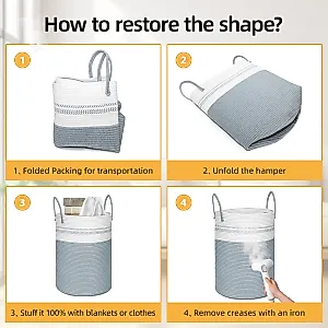 WEAVELYRICS 72L Tall Laundry Basket, Cotton Rope Laundry Hamper, Laundry Hamper with Handles, Decorative Woven Basket for Dirty Clothes, Blankets, Pillows in Bathroom, Bedroom (Gray, 16 x 22in)