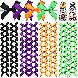 120 Pieces Mardi Gras Twist Bow Satin Twist Tie Bows Fabric Bows for Crafts Polyester Craft Bows Decorating Ribbon Bows Gift Wrap Bows for Candy Bags Decoration (Purple, Orange, Light Green, Black)