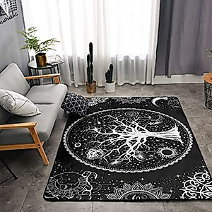 Area Rug Non-Slip Indoor Carpet Waterproof Resist Dirt Tree of Life Trippy Mandala Moon and Sun Black Mystic Pattern Nursery Rug for Hotel, Playroom, Dormitory Area Carpet Floor Mat