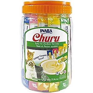 INABA Churu Cat Treats, Grain-Free, Lickable, Squeezable Creamy Purée Cat Treat/Topper with Vitamin E & Taurine, 0.5 Ounces Each Tube, 50 Tubes, Tuna & Chicken Variety