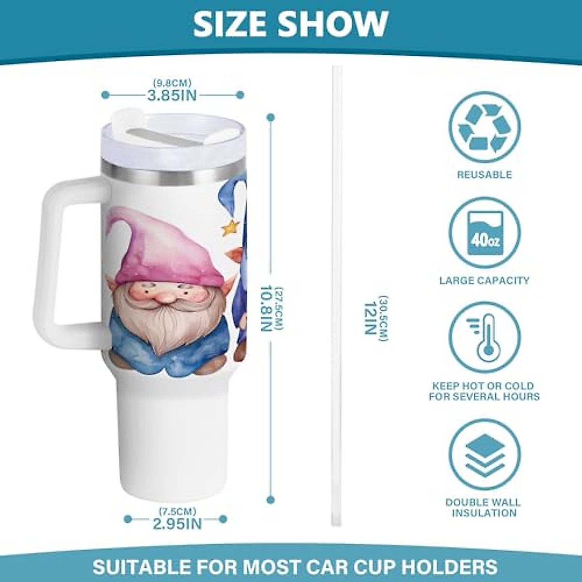 Jihqo Cute Dreamy Gnomes 40 oz Stainless Steel Vacuum Insulated Tumbler with Handle and Straw Lid Reusable Leakproof Water Bottle Double Wall Travel Mug Coffee Cup, Cupholder Friendly