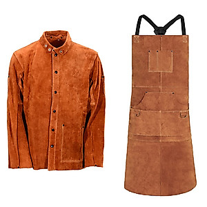 QeeLink Leather Welding Work Jacket with Leather Apron Flame-Resistant Heavy Duty Split Cowhide Leather Welder Jackets with Welding Apron for Men & Women, Medium