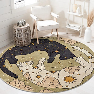 Estmy Washable Mystical Cat Rug, Vintage Retro Abstract Celestial Zodiac 5ft Around Area Rugs for Bedroom Living Room Dorm Entryway Kitchen, Thin Pile Bohemian Cute Animal Circle Rug Floor Carpet