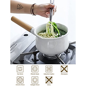 YumCute Home Enamel Milk Pan with Dual Pour Spout Butter Warmer Milk Pot for Stove Top Healthy White Enameled Inside Coating Iron 1QT Small Soup Pot with Wooden Handle Handy Pot (White)