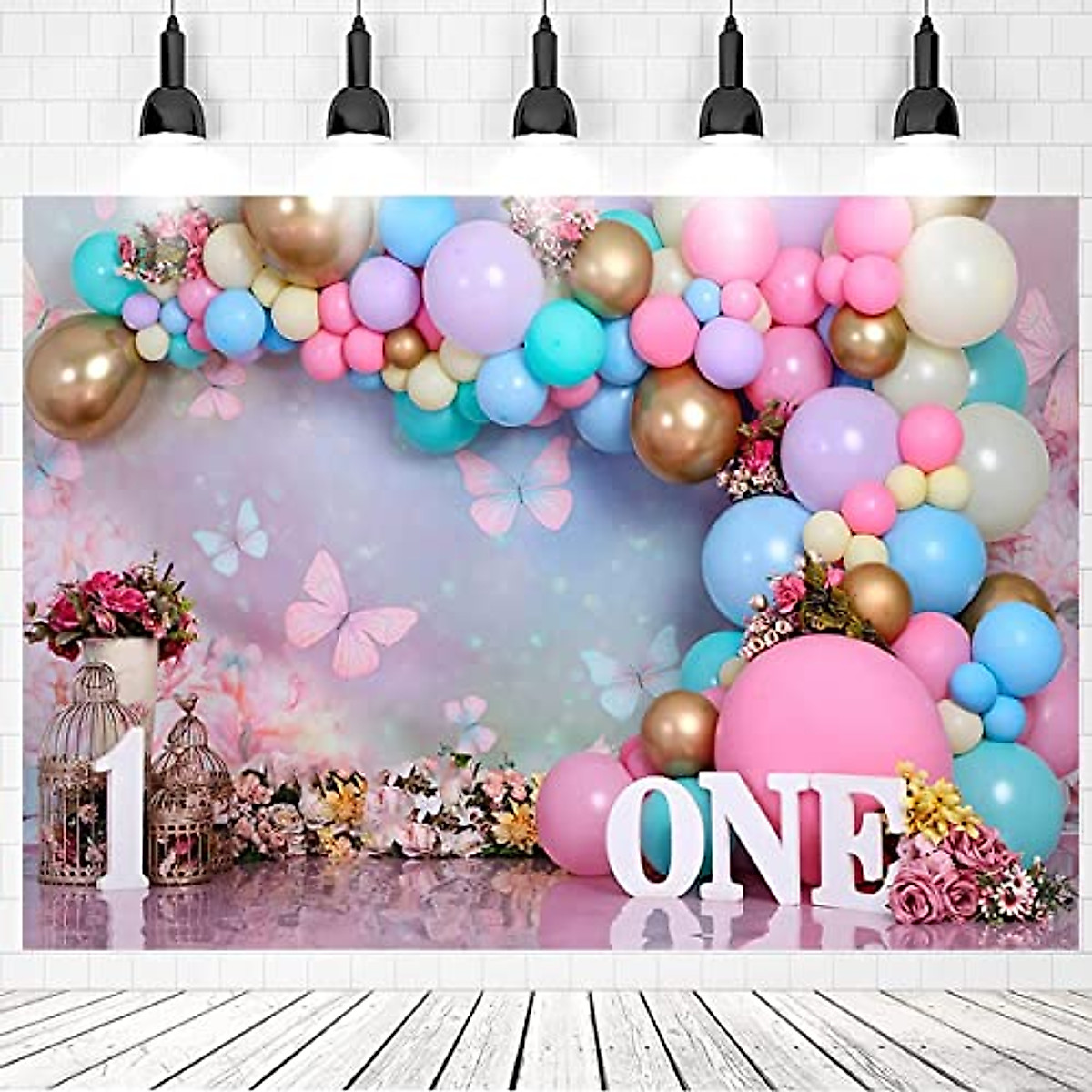 Pink Gold Balloon Girl First Birthday Party Backdrops Sweet One Wonderland Flowers Butterfly Photography Background Birdcage Princess Birthday Decorations Newborn Baby Shower Cake Smash Banner 7x5ft…