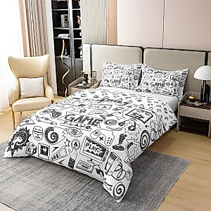 Reversible 100% Cotton Gaming Comforter Cover Full, Kids Gamepad Cartoon Bedding Set, Video Games Gamers Duvet Cover, Hip Hop Graffiti Quilt Cover, Racing Car Bedspread Cover Comfy, Black White
