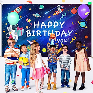 Space Happy Birthday Backdrop, 6x3.6ft Astronaut Rocket Birthday Banner, Space Party Decorations for Children's Birthday Galaxy Planet Party