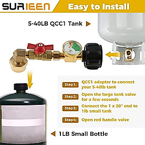 QCC1 Propane Refill Elbow Adapter with Propane Tank Gauge, 90 Degree Propane Refill Adapter with ON/Off Control Valve, QCC1 Propane Tank Refill Adapter for Camping Grill 1LB from 5-40LBS Cylinder