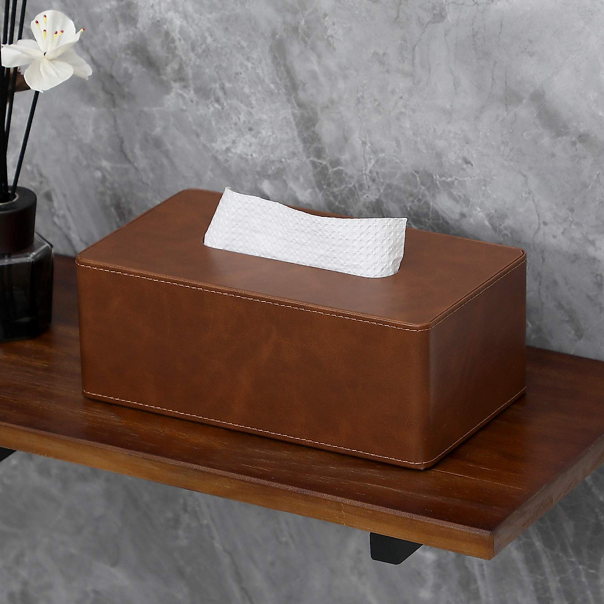 GOLRANLYE Tissue Box Cover Rectangular 9.8"(L) x 5.3"(W) x 4.3"(H) Refined Modern PU Leather Facial Tissue Dispenser Box Holder for Dresser Bathroom Decorative (Brown)
