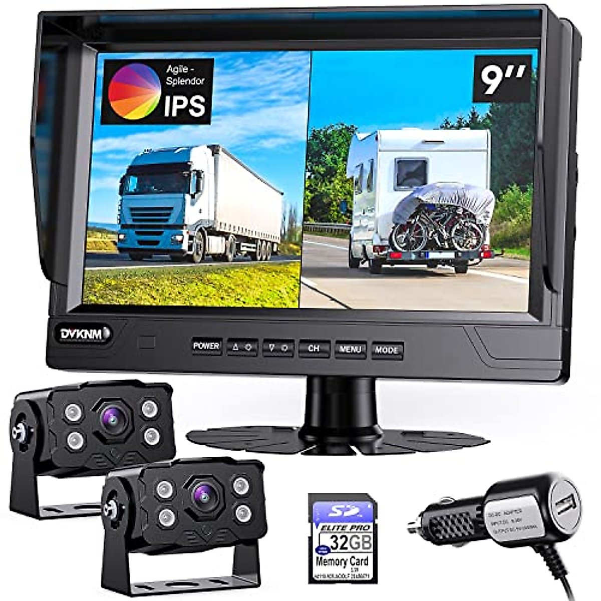 DVKNM RV Backup Camera System 9" AHD IPS Dual Split Monitor 1080P HD Rear View Camera DVR Loop Recording IP69 Waterproof Night Vision for Car RV Trailer Truck Bus Semi etc. (TH102)