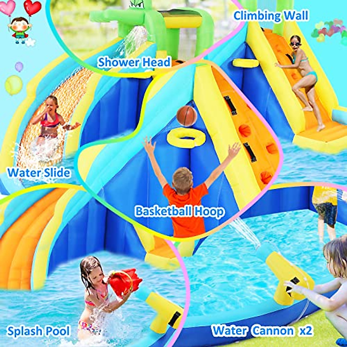 DREAMVAN Inflatable Water Slide Park, Kids Bounce House with Slides, Climbing Wall, Splash Pool, Cannon, Basketball Hoop Jumping Castle w/Air Blower, Hose, Carry Bag, Repairing Kit, Stakes
