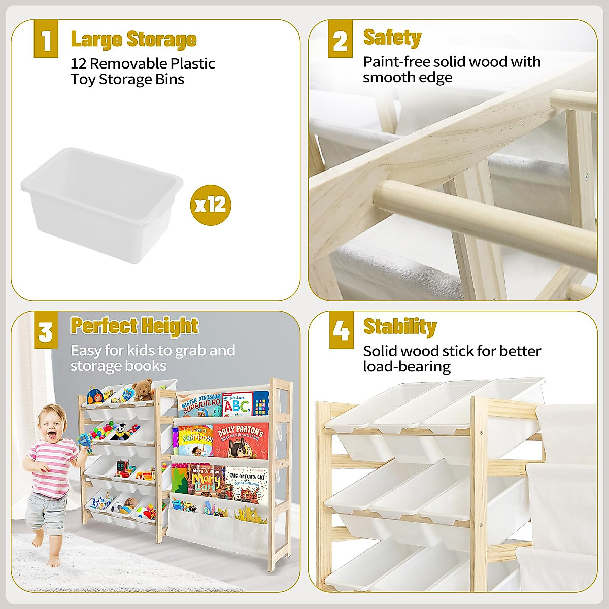 EXPERLAM Toy Storage Organizer with Bookshelf - 12 Storage Bins 4-Tier Multipurpose Shelf to Organize Toys and Books for Kids Room, Playroom, Nursery Room, White