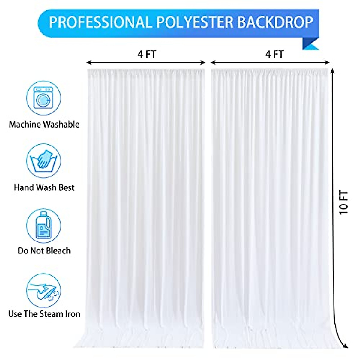 WISH CARE White Backdrop Curtains 2 Panels, 10 Feet Wrinkle-Free Polyester Photography Backdrop Drapes for Wedding Party Background Decorations- 8FTX10FT (White)