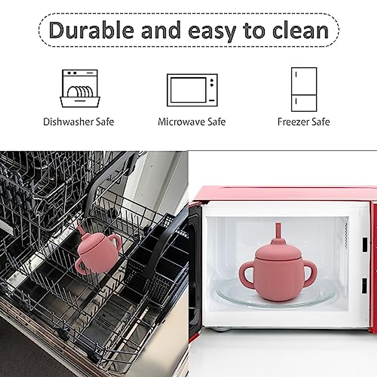 Santi & Me 2-1 Silicone Straw Cup for Baby, Spill-proof Sippy Cup for Babies 6-12-18 Month, Open Training Water Cups with Easy-Hold Handle, Baby Led Weaning Cups - BPA Free - 8.8oz (Dark pink)