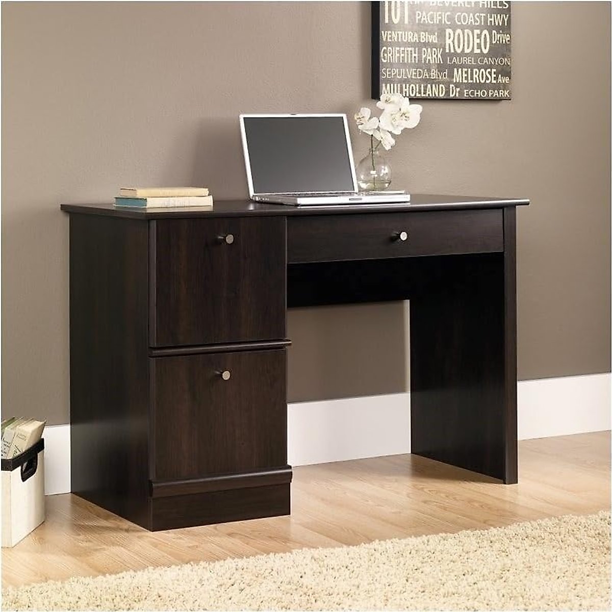 Pemberly Row Transitional Wood Computer Desk with Keyboard Tray in Cherry