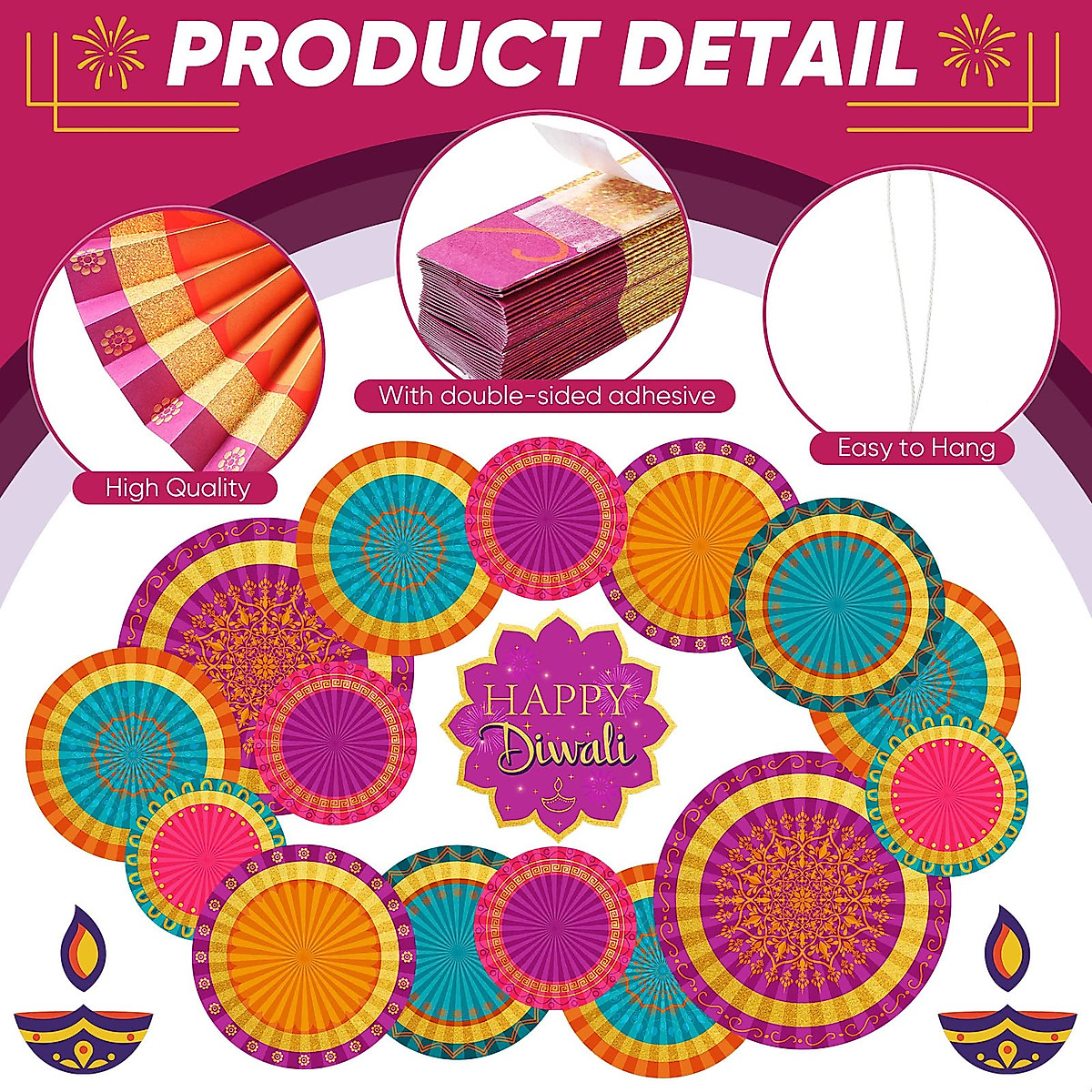 Hanaive 17 Pieces Happy Diwali Hanging Paper Fan Decorating Deepavali Themed Round Pattern Paper Garlands Set Indian Diwali Party Decoration for Indoor Decorations Hindu Diwali Greeting Party Supplies