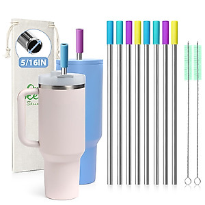8 Piece 5/16 inch (8mm) Wide Straight Stainless Steel Straws for Travel 40oz Tumblers, 12 Inch Long Reusable Metal Straws, Replacement Straws with Silicone Tips & Cleaning Brush, Silver