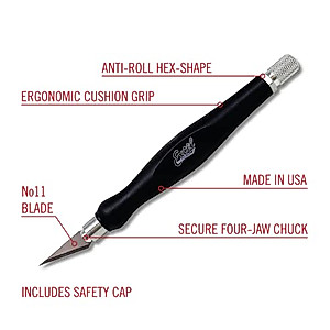 Excel Blades 16026 Fit Grip Knife, Ultra Sharp Hobby Knife with Carbon Steel Blade, Black, Contoured Rubberized Grip Light Duty Precision Cutting Tool.