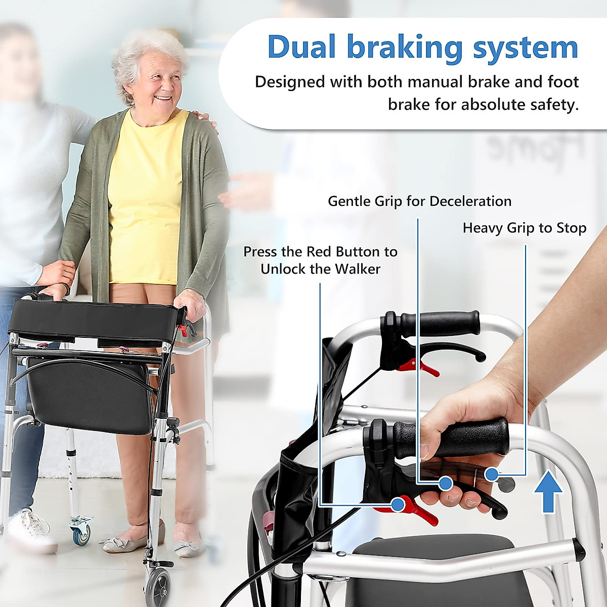 GYMAX Walkers for Seniors, 2-Button Folding Walker with 5” Lockable Wheels, Padded Seat & Trigger Release, 350lbs Height Adjustable Standard Walker, Foldable Rolling Adult Walker