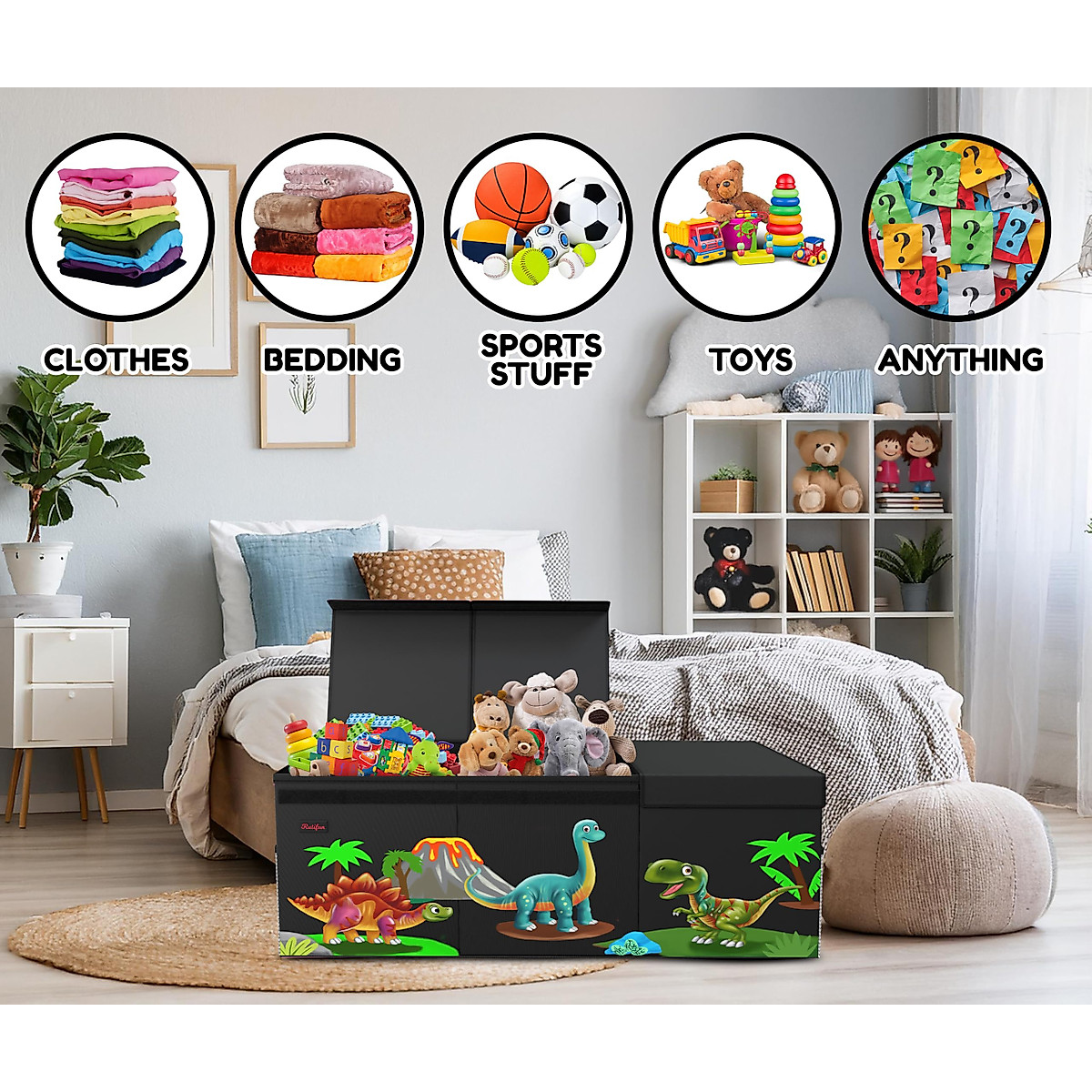 RUTIFUN Extra Large Toy Basket, Collapsible Toy Storage Organizer, Large Toy Chest Basket with Lid, Dinosaur Toy Storage Bin for Boys Girls, Toy Bins for Kids, Toy Box for Toddlers Living Room, Black