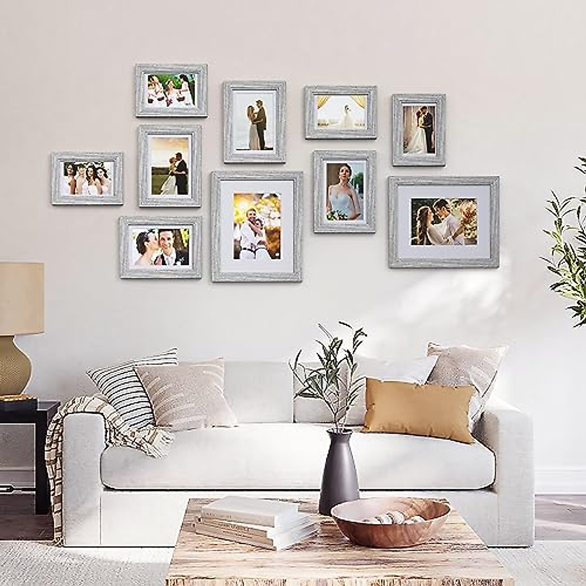Povrgive Picture Frames Set of 10 Gray Wood Grain, Bulk MDF Frames for 8x10, 5x7, 4x6 Photos Real Glass for Wall or Tabletop