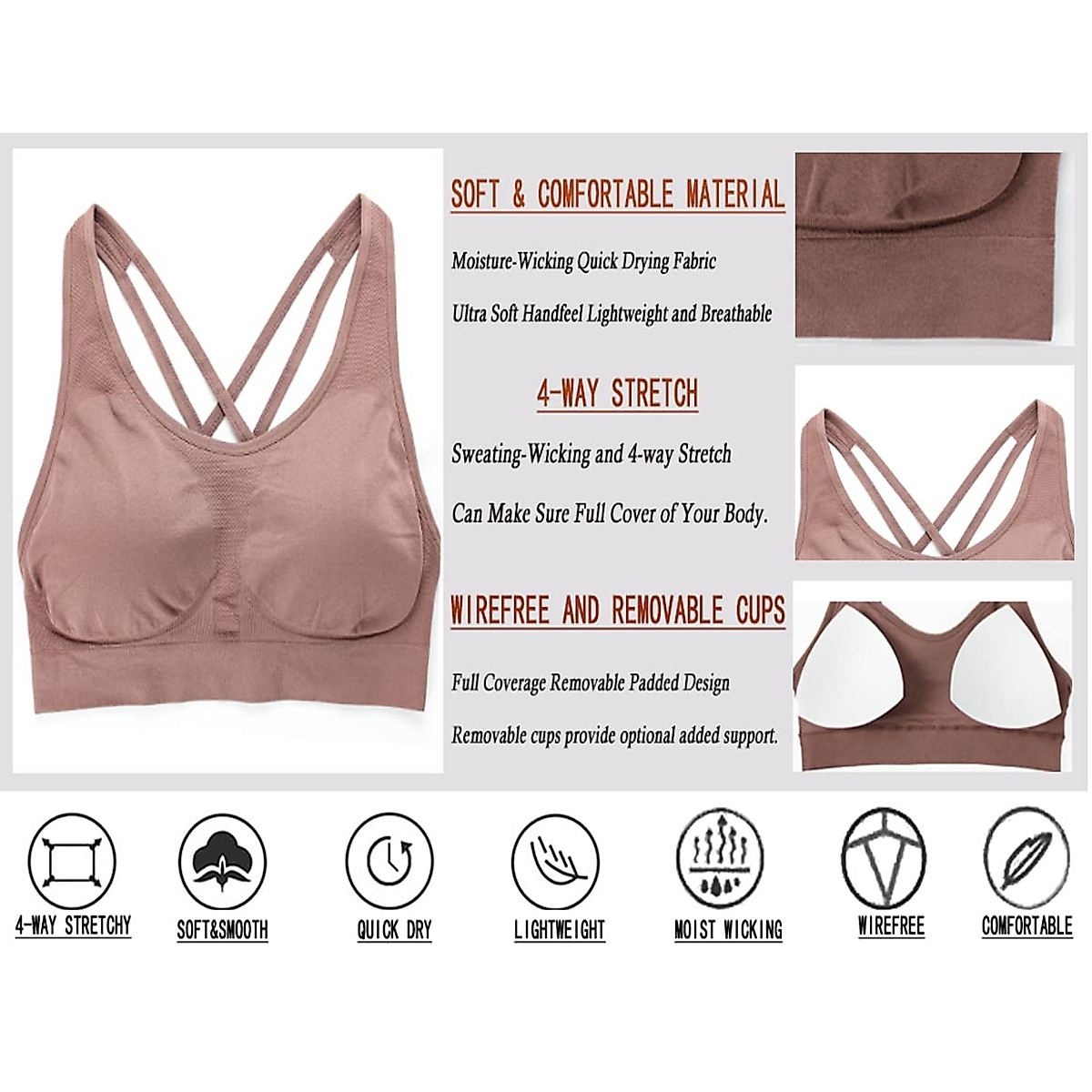 Miteiche Cross Back Sport Bras for Women,Padded Strappy Medium Support Yoga Bra with Removable Cups,XX-Large